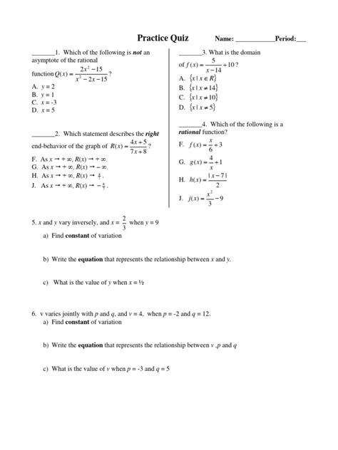 Hw Practice Quiz Pdf Function Mathematics Asymptote