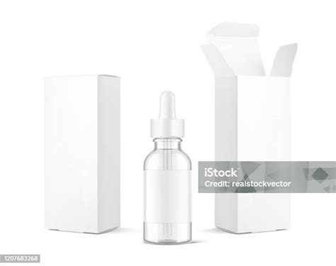 흰색 배경에 격리 된 드롭퍼 병 모형과 현실적인 골판지 포장 상자 모형 0명에 대한 스톡 벡터 아트 및 기타 이미지 0명