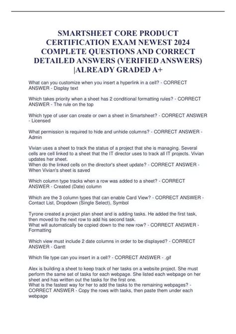 Smartsheet Core Product Certification Exam Newest 2024 Complete Questions And Correct Detailed