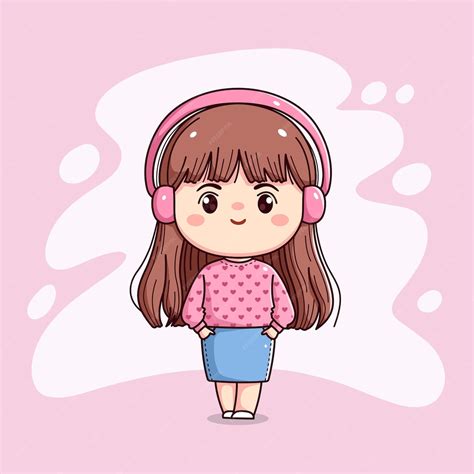 Linda Garota Feliz Com Fone De Ouvido Ouvindo Música Kawaii Chibi