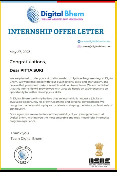 Pitta Suki On Linkedin Digitalbhem Opportunity Pythonprogramming Internship Offerletter