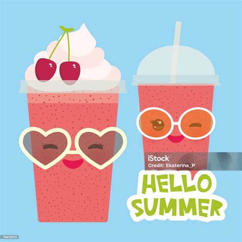 안녕하세요 여름 딸기 체리 크랜베리 테이크 아웃 스무디 투명 플라스틱 컵 밀 짚과 채찍 크림 귀여운 선글라스 눈 및 파란 배경에 미소와 귀여운 얼굴 벡터 아이스 티에 대한
