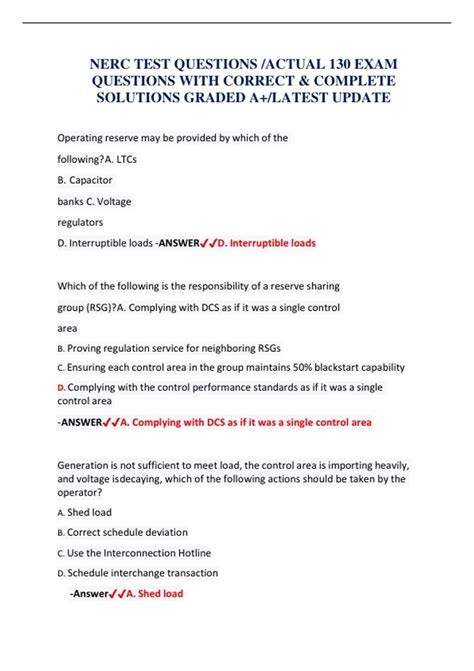 Nerc Test Questions Actual 130 Exam Questions With Correct And Complete Solutions Graded A