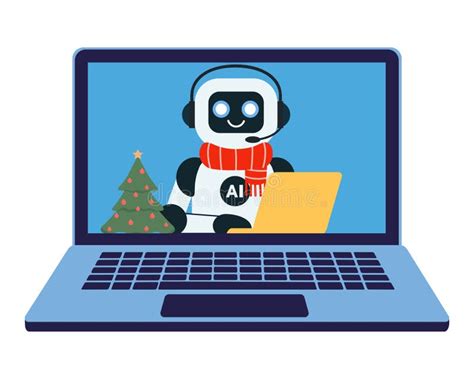 Cute Chat Bot Robot With Yellow Laptop With A Christmas Tree And A Red Scarf On On The Monitor