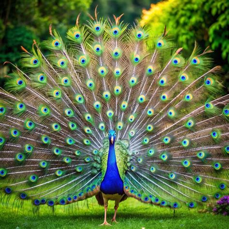 Eacock With Blue Tail Standing In Grass Wildlife Photography Premium