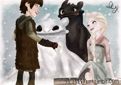 Hiccup And Elsa Building A Toothless Snowman Disney Fan Art Disney