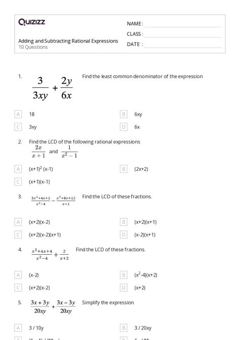 50 Rational Expressions Equations And Functions Worksheets For 8th Class On Quizizz Free