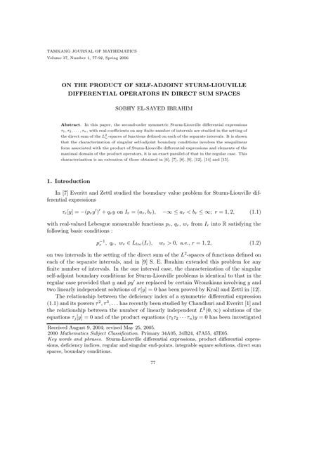 Pdf On The Product Of Self Adjoint Sturm Liouville Differential Operators In Direct Sum Spaces