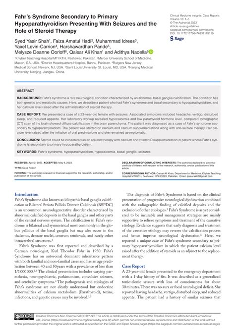 Pdf Fahrs Syndrome Secondary To Primary Hypoparathyroidism Presenting With Seizures And The