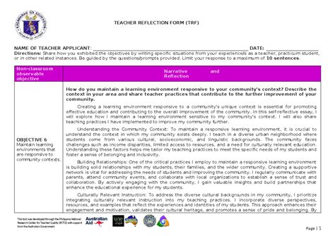 Teachers Reflection FORM TRF I This Tool Was Developed Through The Philippine National