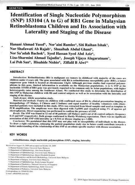 Pdf Identification Of Single Nucleotide Polymorphism Snp 153104 A