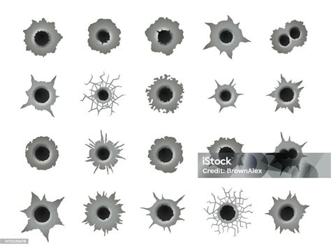 총알 구멍 총알이 울퉁불퉁 한 자국 총상 총알 구멍 손상 무기 충격 금속 강철 표면 범죄 파괴 개념에 구멍이 있습니다 벡터 세트 강철에 대한 스톡 벡터 아트 및 기타 이미지