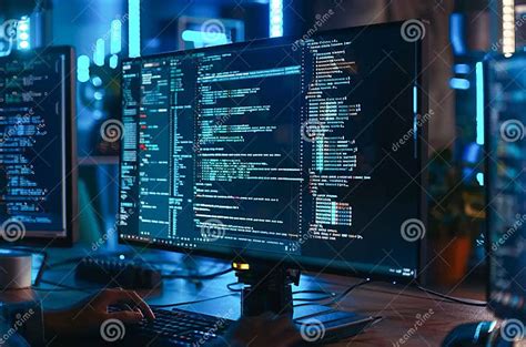 Close Up View Of Computer Screen Displaying Code In A Dimly Lit Room At Night Stock Illustration