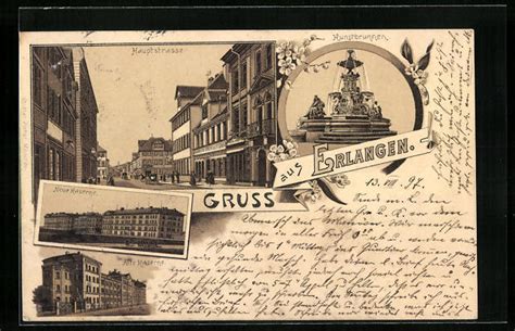 Lithographie Erlangen Neue Kaserne Alte Kaserne Kunstbrunnen