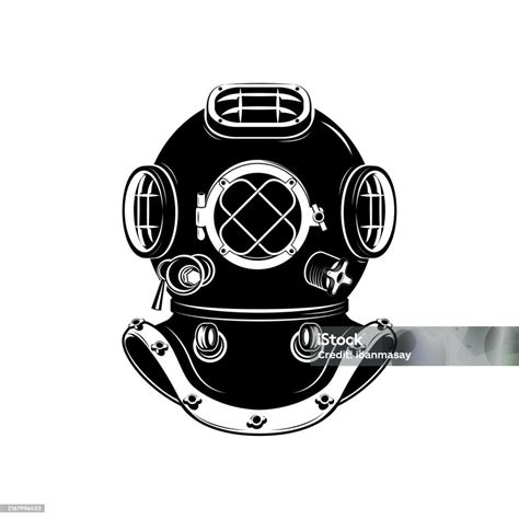 흰색 배경에 고립 된 구식 다이버 헬멧 티셔츠 프린트 포스터 엠블럼을 위한 디자인 요소 벡터 일러스트 레이 션 잠수용 호흡기에 대한 스톡 벡터 아트 및 기타 이미지 Istock