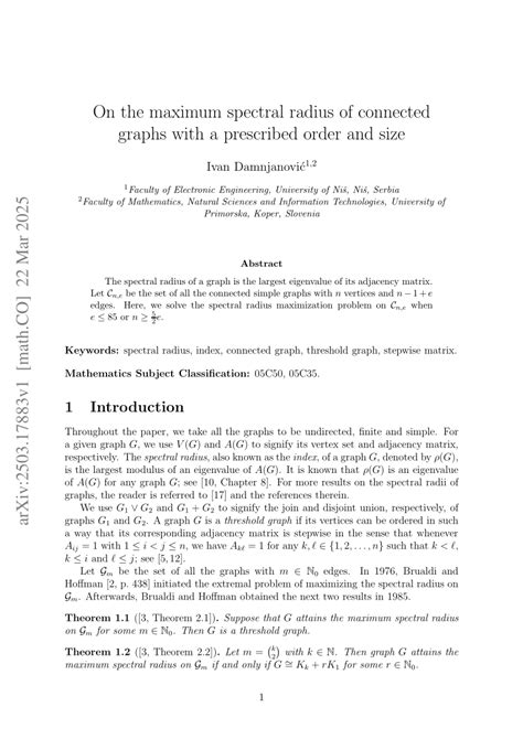 Pdf On The Maximum Spectral Radius Of Connected Graphs With A