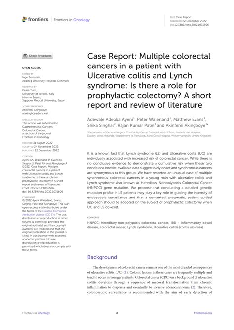 Pdf Case Report Multiple Colorectal Cancers In A Patient With Ulcerative Colitis And Lynch