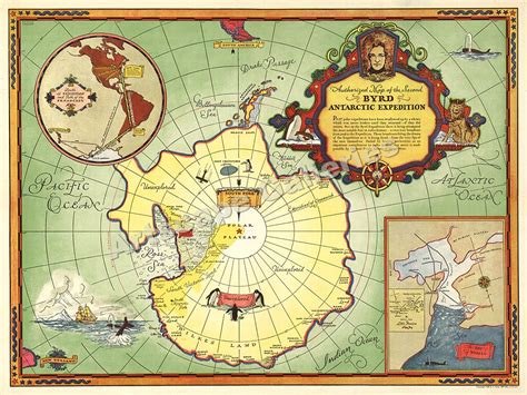 Admiral Byrd Antarctica Exploration Historic Map 24x32 Ebay