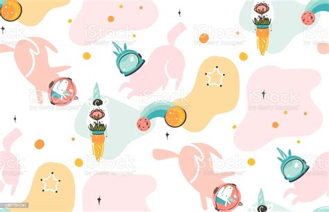 손으로 그린된 벡터 추상적인 그래픽 창작 만화 일러스트 원활한 패턴 우주인 헬멧 혜성 백색 추상적인 배경에 고립 된 우주에 있는 행성와 유니콘 0명에 대한 스톡 벡터 아트