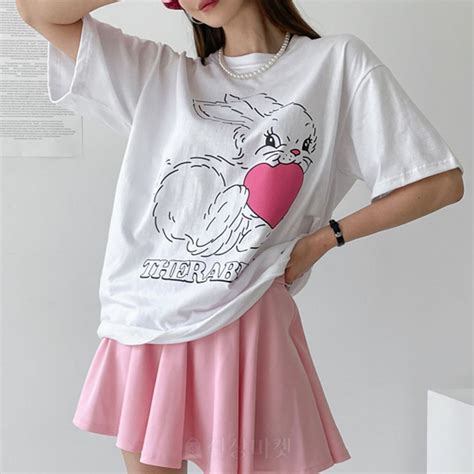 5부 반팔 캐주얼 토끼 래빗 하트 롱티셔츠 여자 여름 면티 라운드 박스티