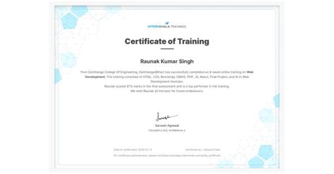 Successfully Completed The Web Development Training From Internshala