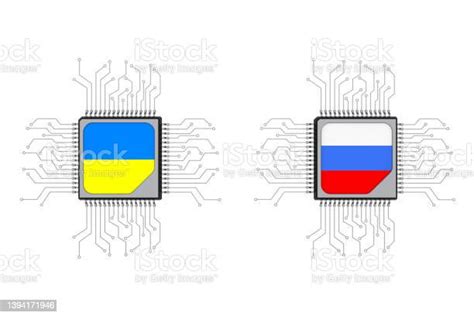 하이브리드 및 사이버 전쟁 개념 회로와 우크라이나와 러시아 국기와 마이크로 칩 Cpu 프로세서 3d 렌더링 Cpu에 대한 스톡