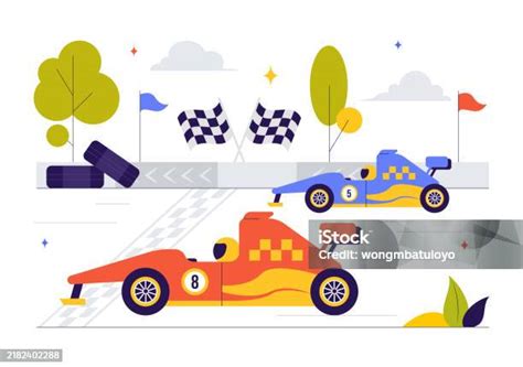 평평한 배경에서 챔피언십을 이기기 위해 경쟁하는 경주 회로에서 결승선에 도달하는 공식 경주 스포츠카의 벡터 그림 Championship에 대한 스톡 벡터 아트 및 기타