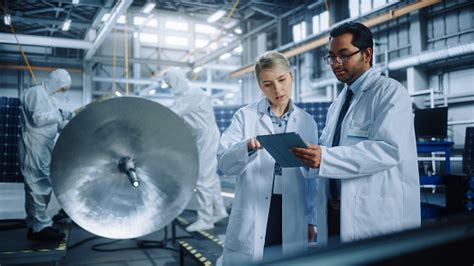 위성 건설에 종사하는 엔지니어 팀 데이터에 대한 태블릿 컴퓨터 토크를 사용합니다 항공 우주 우주선 제조 시설 우주 탐사를위한 우주선을 구축 과학자 팀 우주에 대한 스톡 사진