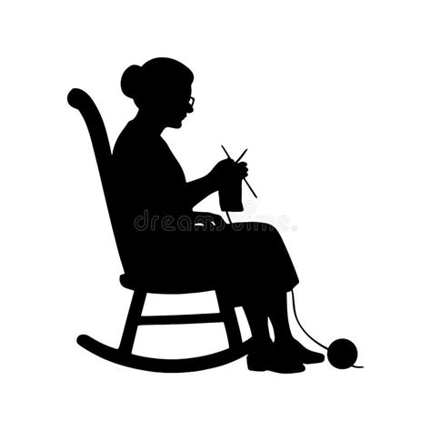 Black Vector Silhouette Of An Elderly Woman Knitting In A Rocking Chair