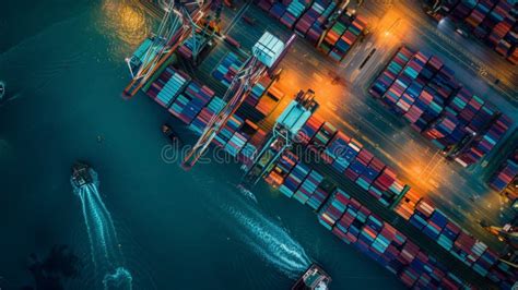 Aerial View Of Busy Container Port At Night Stock Illustration Illustration Of Industrial