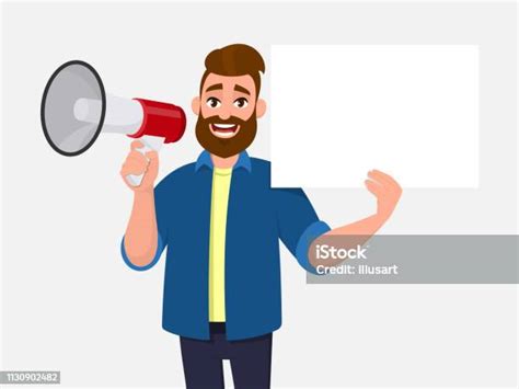 메가 폰 또는 확성기를 들고 있는 젊은 남자가 빈 빈 흰색 포스터 시트 종이 보드를 표시 하거나 표시 합니다 Man은 귀하의 제품을 광고 하거나 선물 합니다 발표 제품 소개