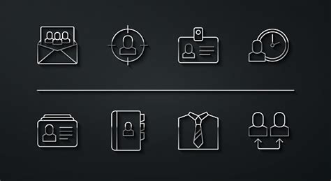 라인 프로젝트 팀 기반 이력서 작업 시간 넥타이 헤드 헌팅 교환 작업 및 식별 배지 아이콘을 설정합니다 벡터 개념에 대한 스톡 벡터 아트 및 기타 이미지 Istock