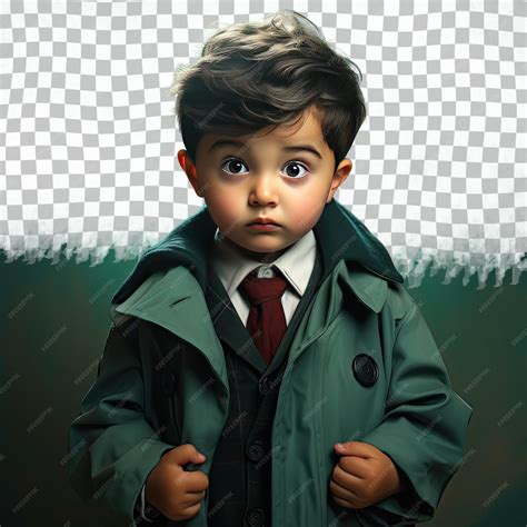 몽골 인종의 짧은 머리카락을 가진 불안한 유치원 소년은 탐정 의상을 입고 파스텔 티얼 배경에 손에 ⁇ 을 ⁇ 고 포즈를 취합니다 프리미엄 Psd 파일