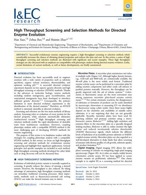 Xiao Et Al 2014 High Throughput Screening And Selection Methods For Directed Enzyme Evolution