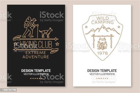 하이킹 클럽 익스트림 어드벤처 야생 캠핑 벡터 라인 아트 전단지 브로셔 배너 캠퍼 텐트가있는 포스터 불에 냄비 산악 등산객 개