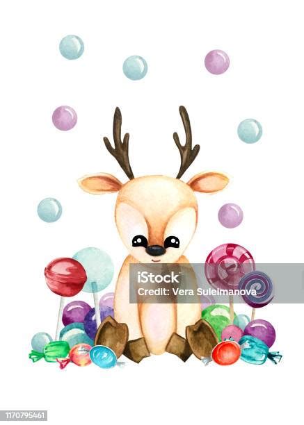 달콤한 귀여운 새끼 사슴과 수채화 그림 인사말 카드 초대장 어린이 직물 및 포스터를 인쇄합니다 0명에 대한 스톡 벡터 아트 및 기타 이미지 Istock