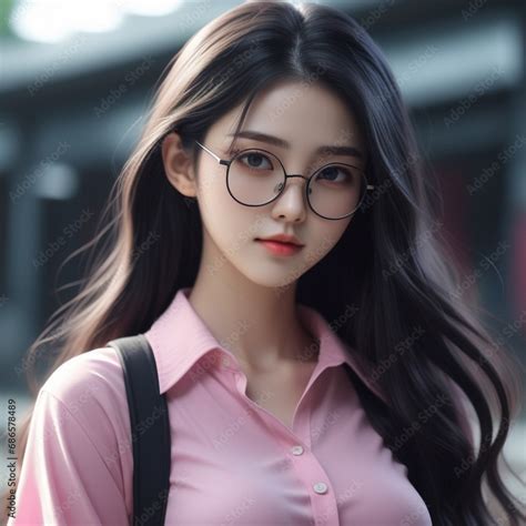 Beautiful Anime Girl Wearing Glasses Looking Like A Nerd In A Pink Shirt Ai Generative Stock
