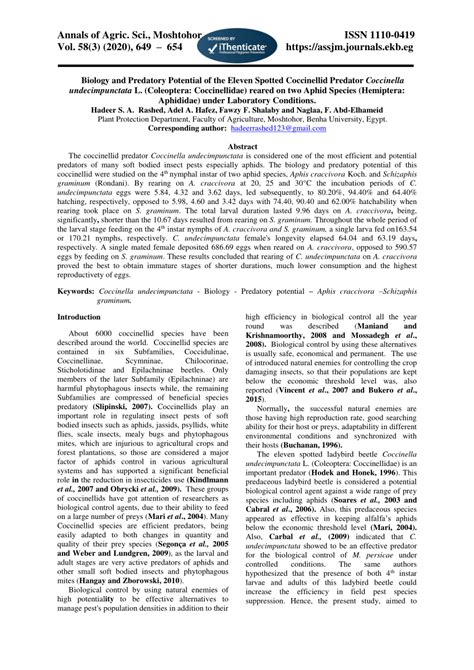 Pdf Biology And Predatory Potential Of The Eleven Spotted Coccinellid Predator Coccinella