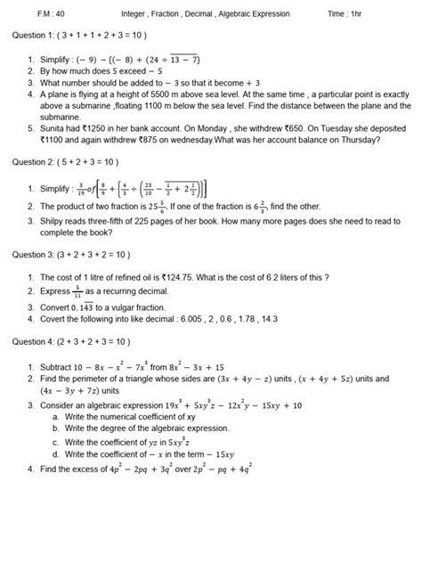integer fraction decimal algebric expression pdf decimal