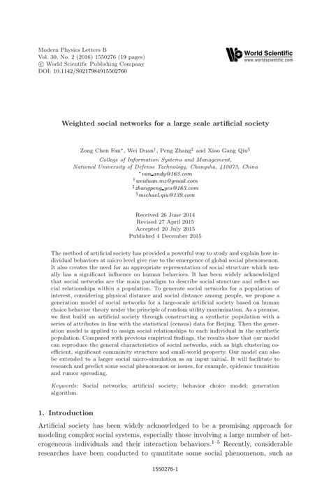 Pdf Weighted Social Networks For A Large Scale Artificial Society