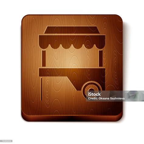 흰색 배경에 고립 된 어닝 아이콘갈색 패스트 스트리트 푸드 카트 도시 키오스크 나무 사각형 버튼입니다 벡터 일러스트레이션 거리에