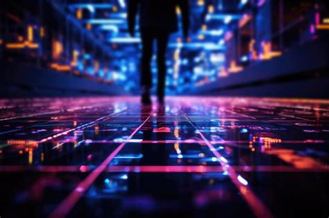 Premium AI Image A Man Walks Down The Corridor To The Futuristic Data Center Ai Generated