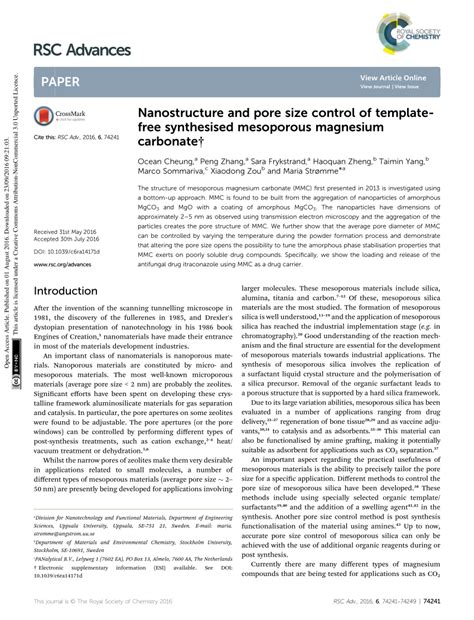 Pdf Nanostructure And Pore Size Control Of Template Free Synthesised