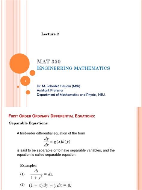 Lecture 2 Separable Variables Modelling Exact Ode Pdf Ordinary