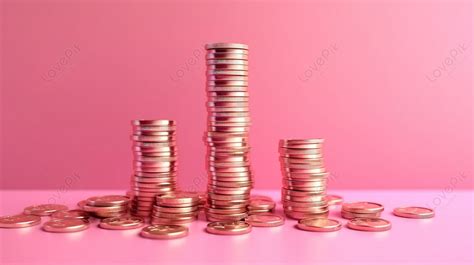 동전 더미가 있는 분홍색 3d 렌더링에 떨어지는 동전을 사용하여 비즈니스 투자 이익 및 돈 절약 개념을 설명합니다 홍색 배경 달러 동전 배경 3d 그림 배경 이미지