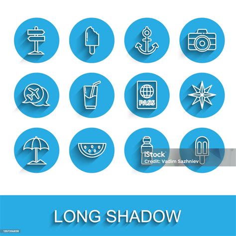 해변 수박 도로 교통 표지판 물 병 아이스크림 칵테일 및 알코올 음료 바람 장미와 여권 아이콘을위한 세트 라인 태양 보호 우산 벡터 거리에 대한 스톡 벡터 아트 및 기타