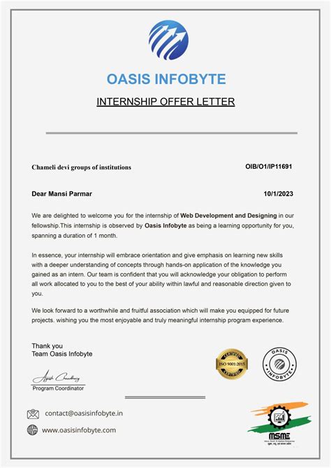 mansi parmar on linkedin internship oasisinfobyte webdevelopment