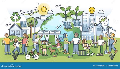 Sustainable Ecosystem Community Living In Green Urban City Outline Concept Stock Vector
