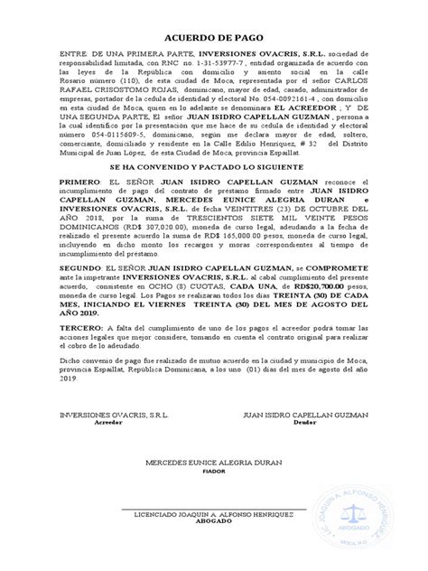 Modelo De Acuerdo De Pago Sencillo Pdf República Dominicana