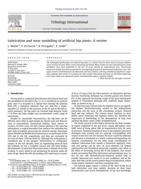 Lubrication And Wear Modelling Of Artificial Hip Joints A Review Pdf